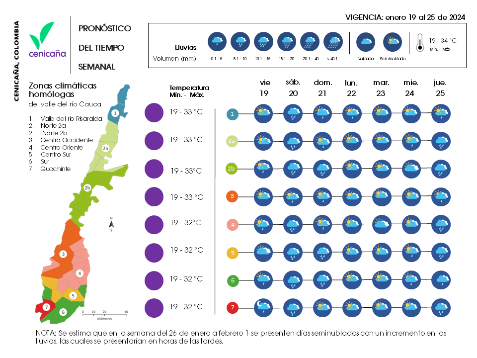 Pronóstico de lluvias semanal enero 19 al 25 de 2024 – Cenicaña Pronóstico de lluvias semanal enero 19 al 25 de 2024 – Cenicaña